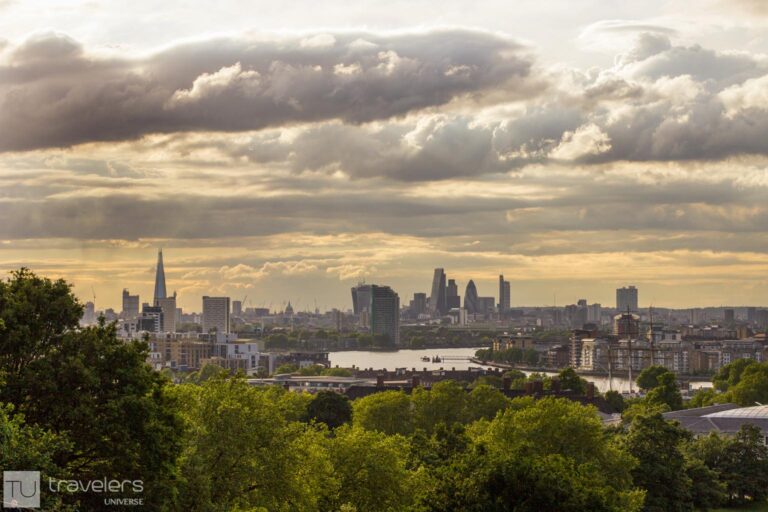 London's skyline as seen from the Greenwich viewpoint next to the Royal Observatory