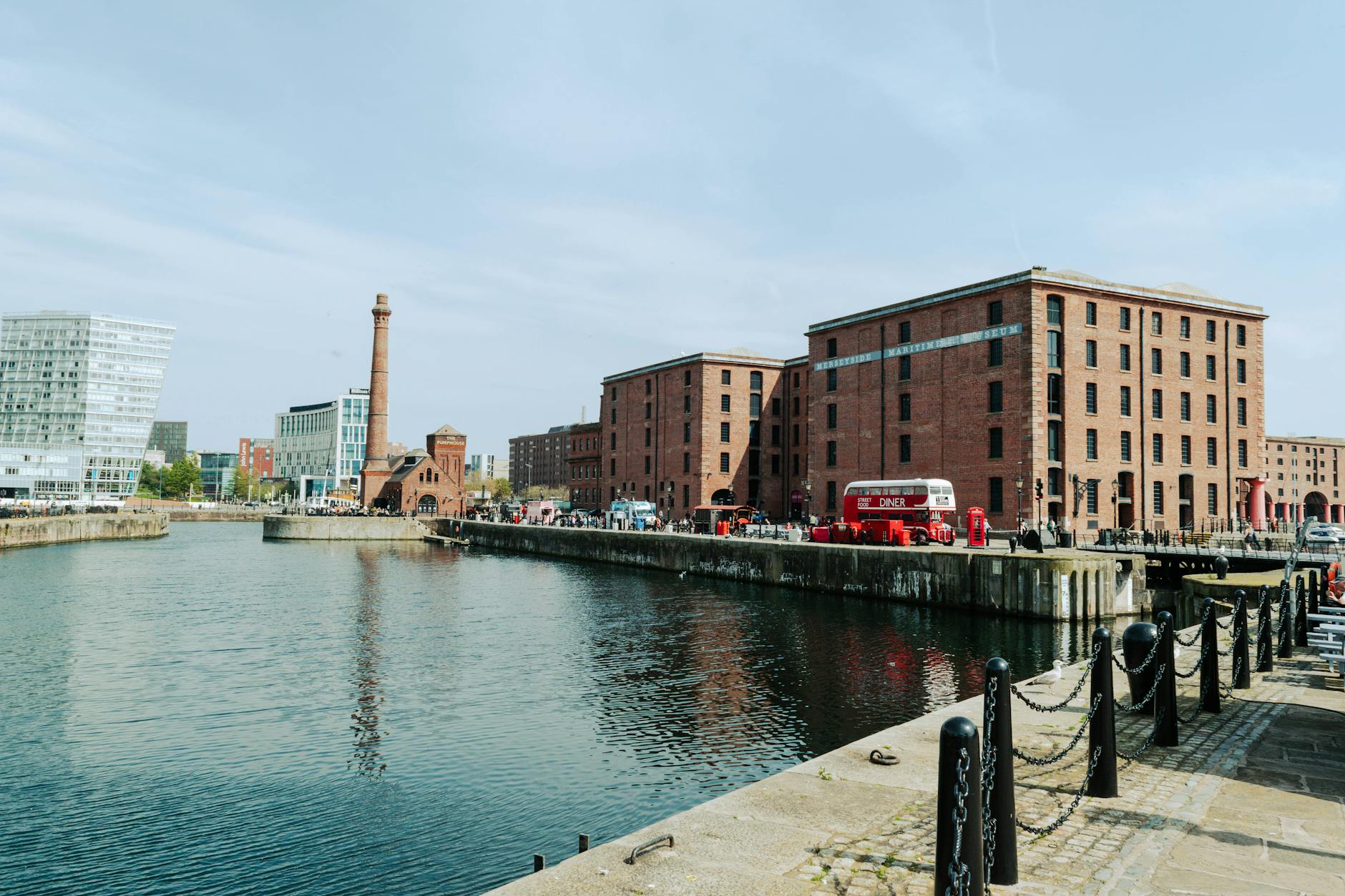 Historic red brick warehouses at Royal Albert Dock in Liverpool
